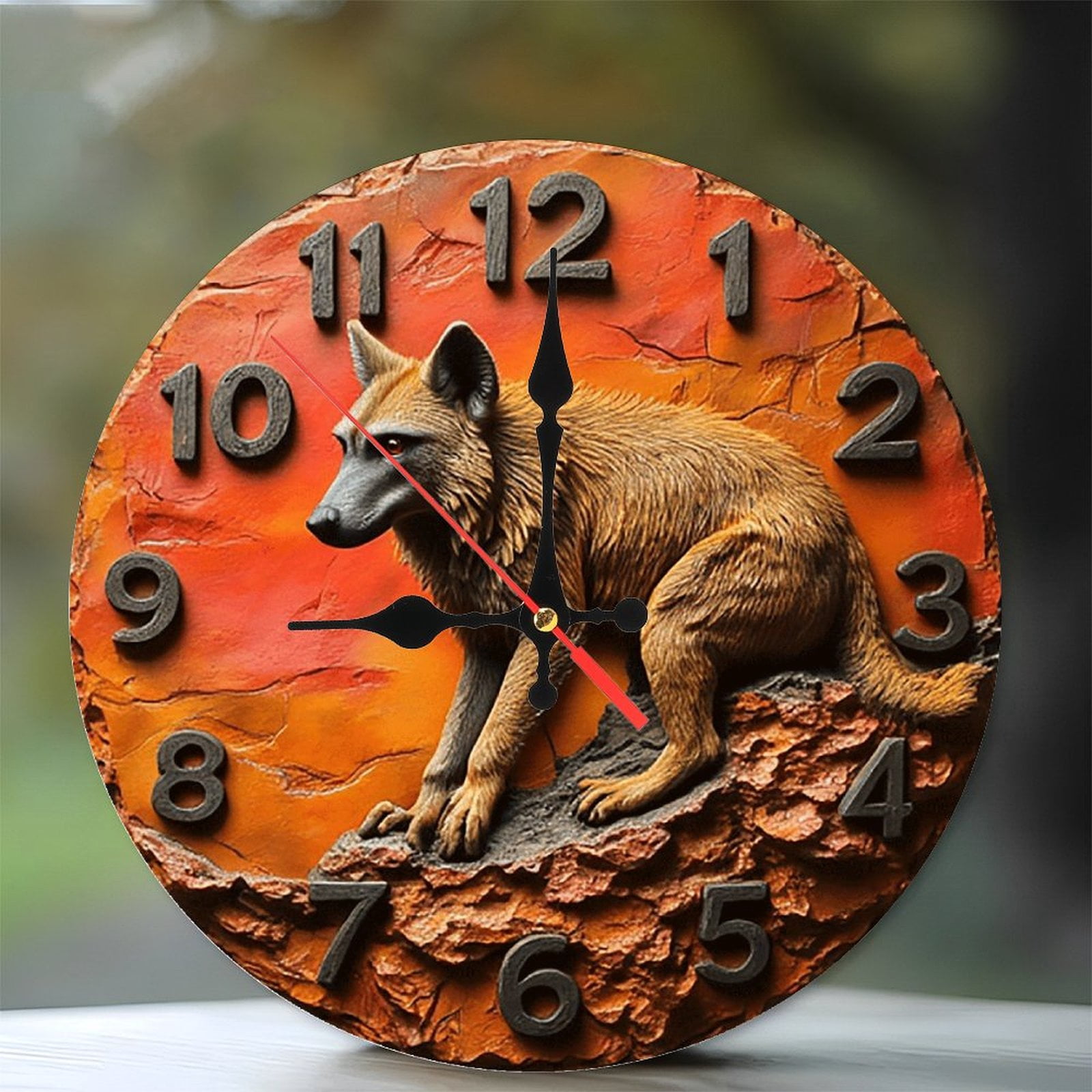 Resin Wolf Wall Clock Orange Sunset 10-Inch Silent Wooden Wall Clock ...