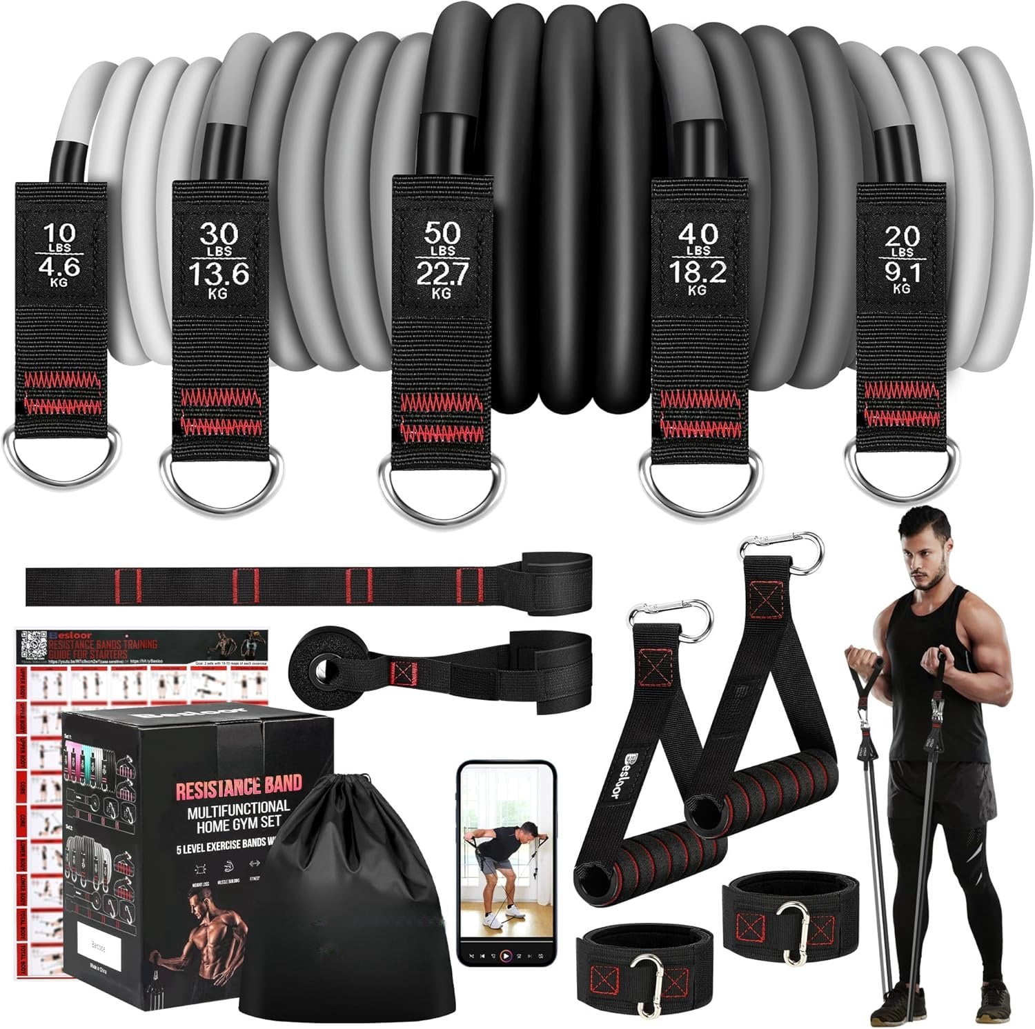 Resistance Band Set. Exercise Bands with Handles, Door Anchor and Ankle ...