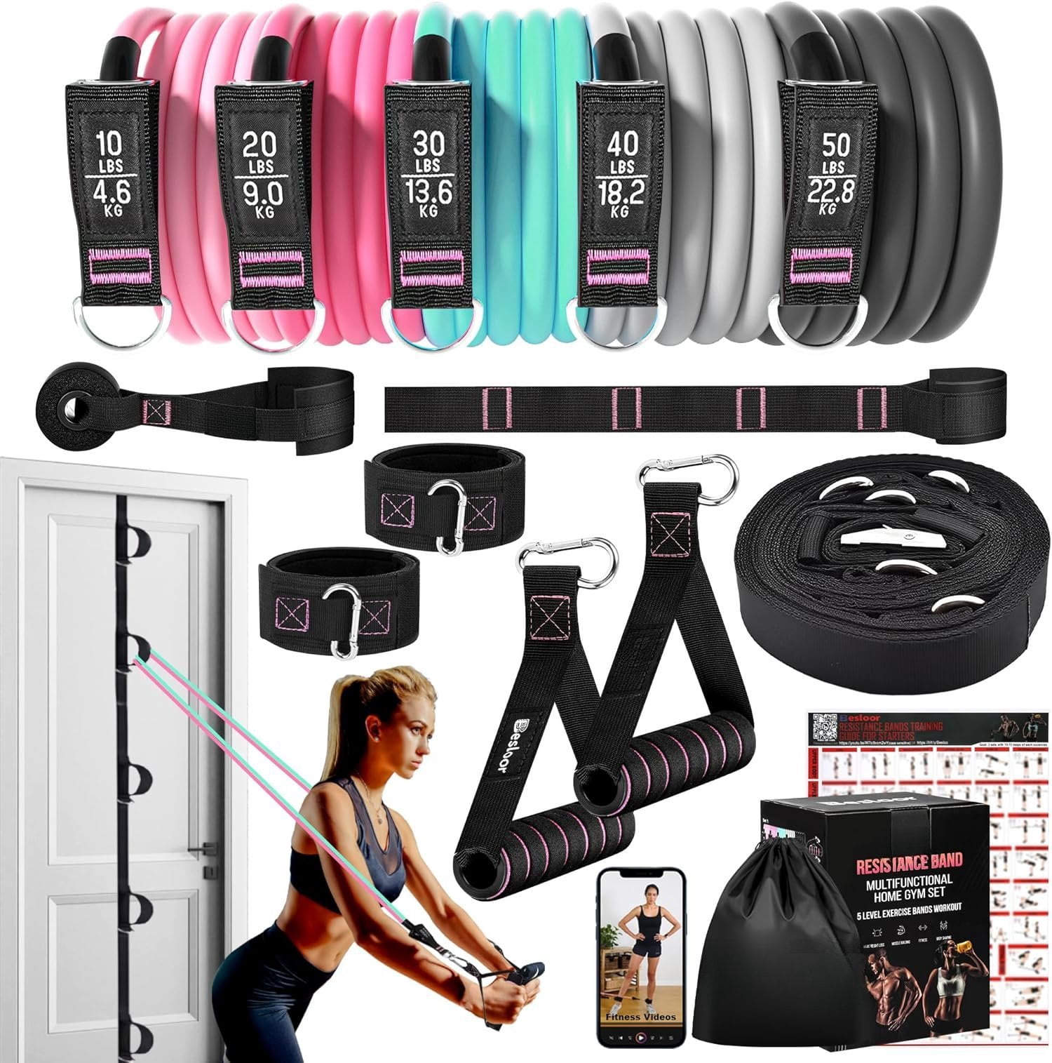 Resistance Band Set. Exercise Bands with Handles, Door Anchor and Ankle ...