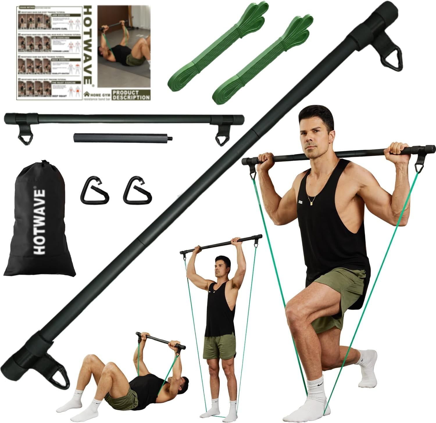 Resistance Bands Bar with Ab Roller,Portable Home Gym, Strength ...