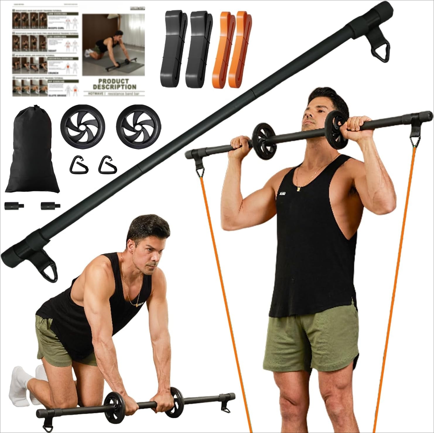 Resistance Bands Bar with Ab Roller,Portable Home Gym, Strength ...