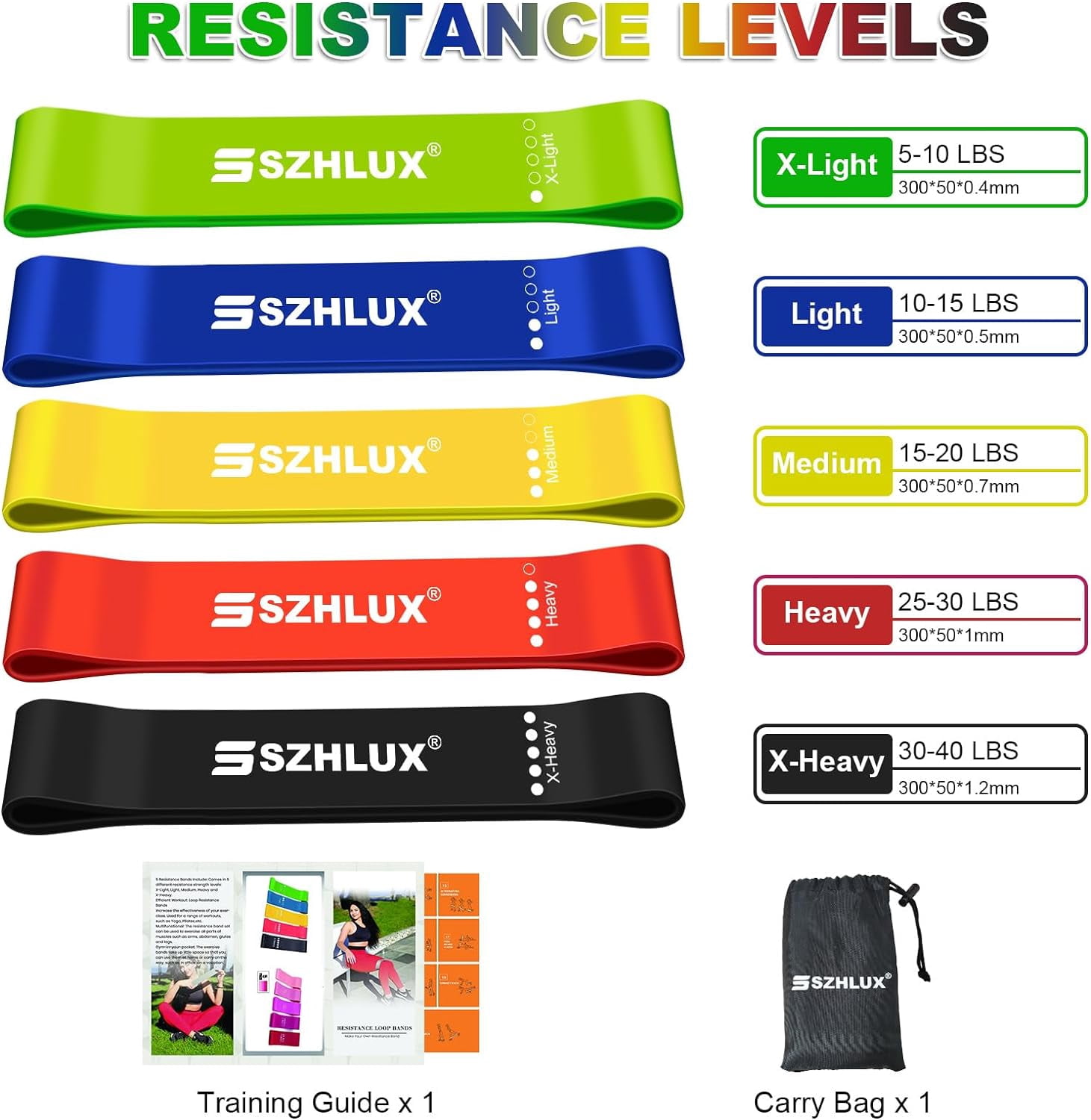 Resistance Bands set of 5 Value pack Instruction Guide and Carry Bag ...