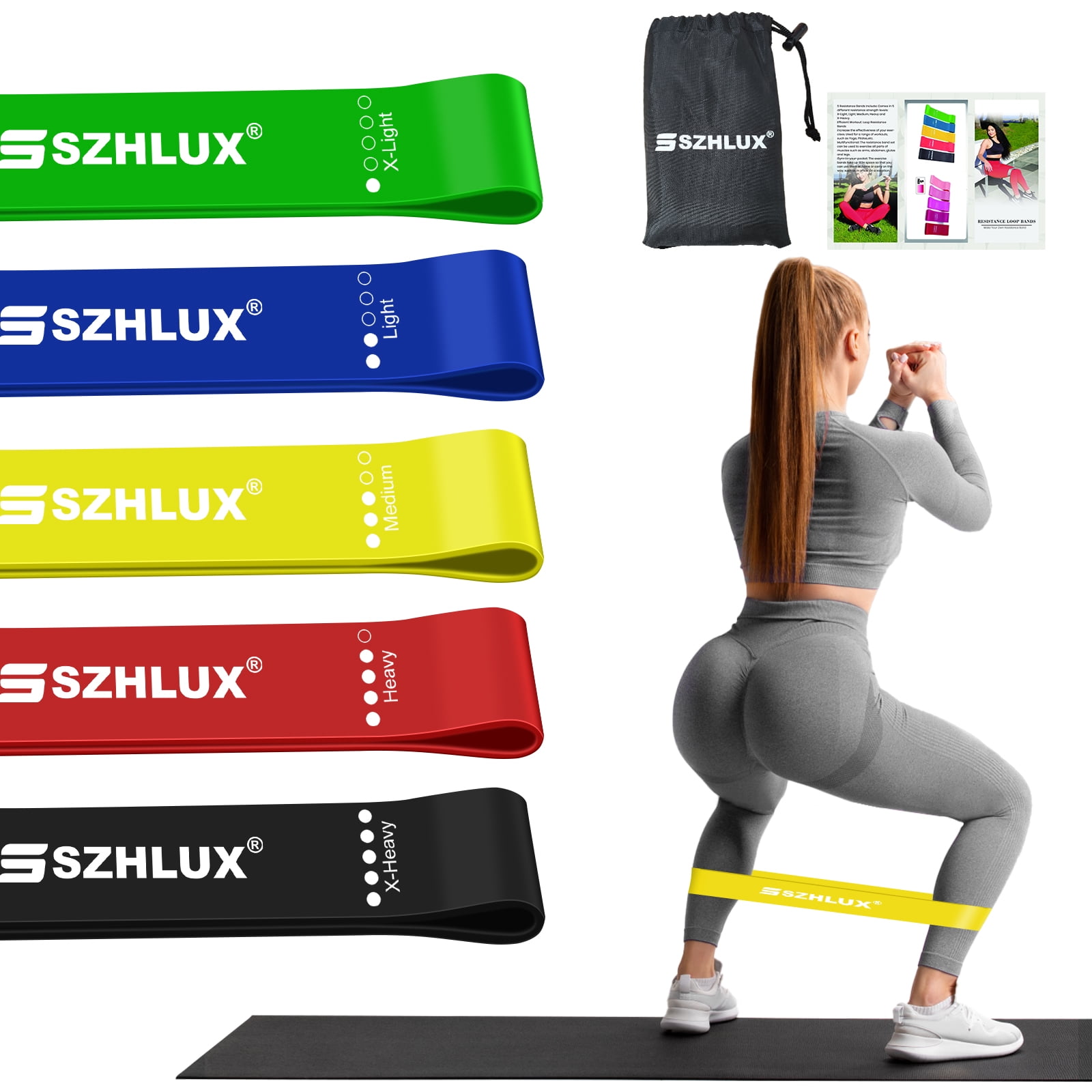 Resistance Bands set of 5 Value pack Instruction Guide and Carry Bag ...