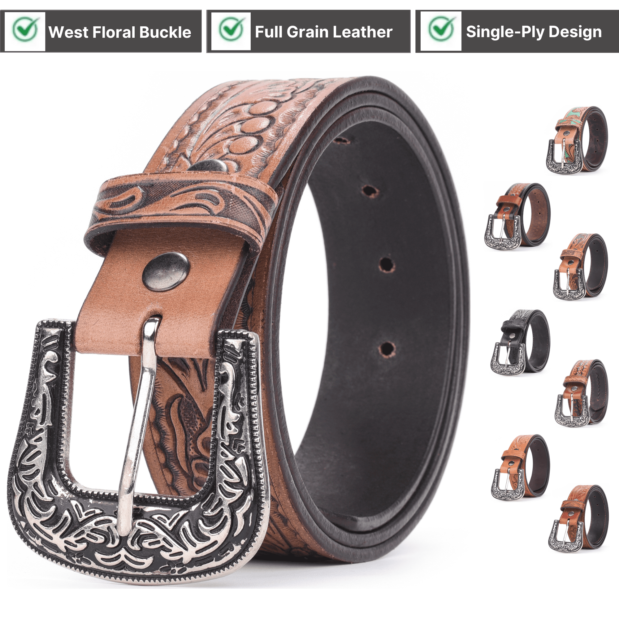 Resistance Western Leather Belt with Floral Engraved Buckle – Hand ...