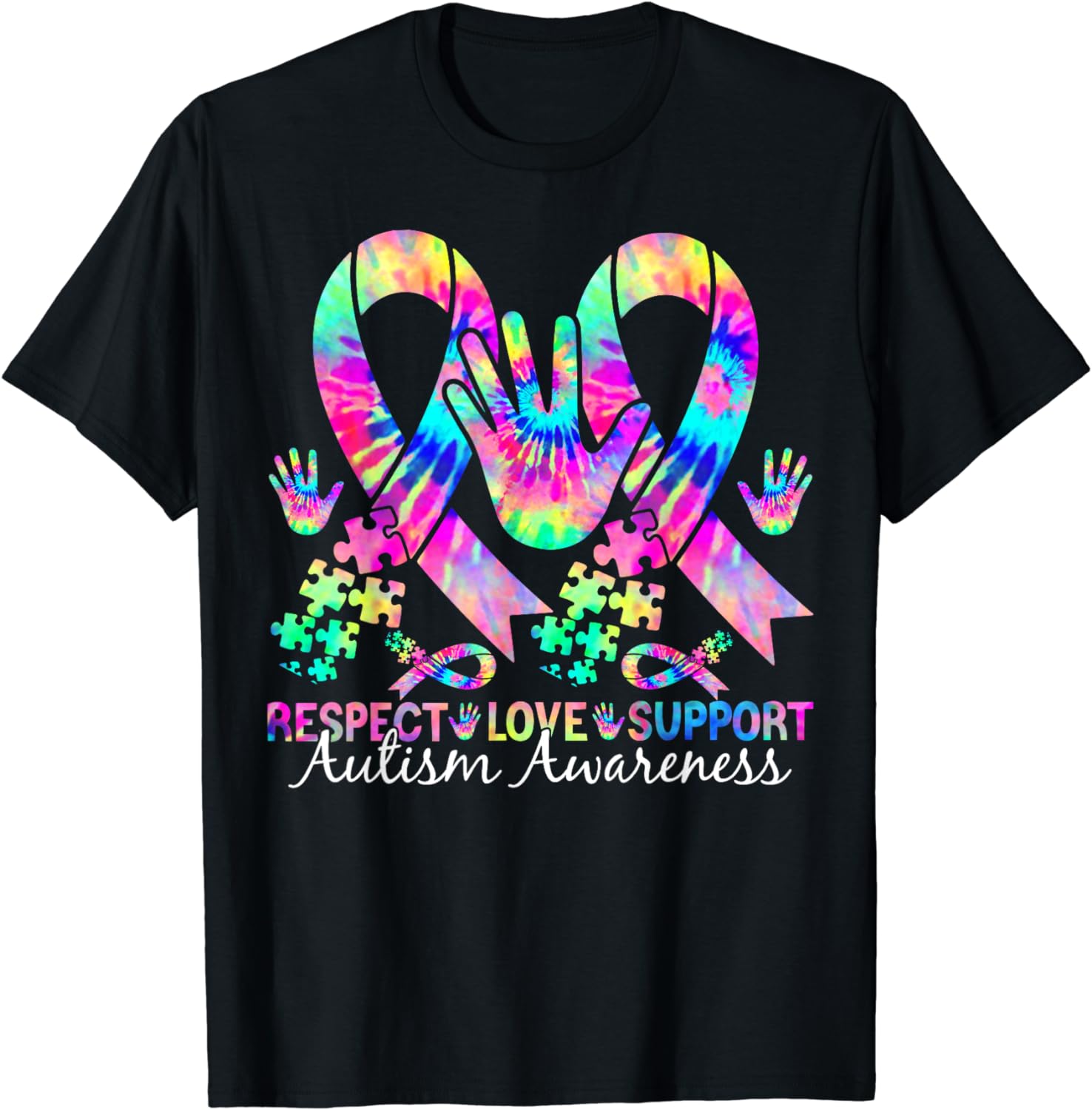 Respect Love Support Autism Awareness 2024 tie dye Ribbon Cotton T ...