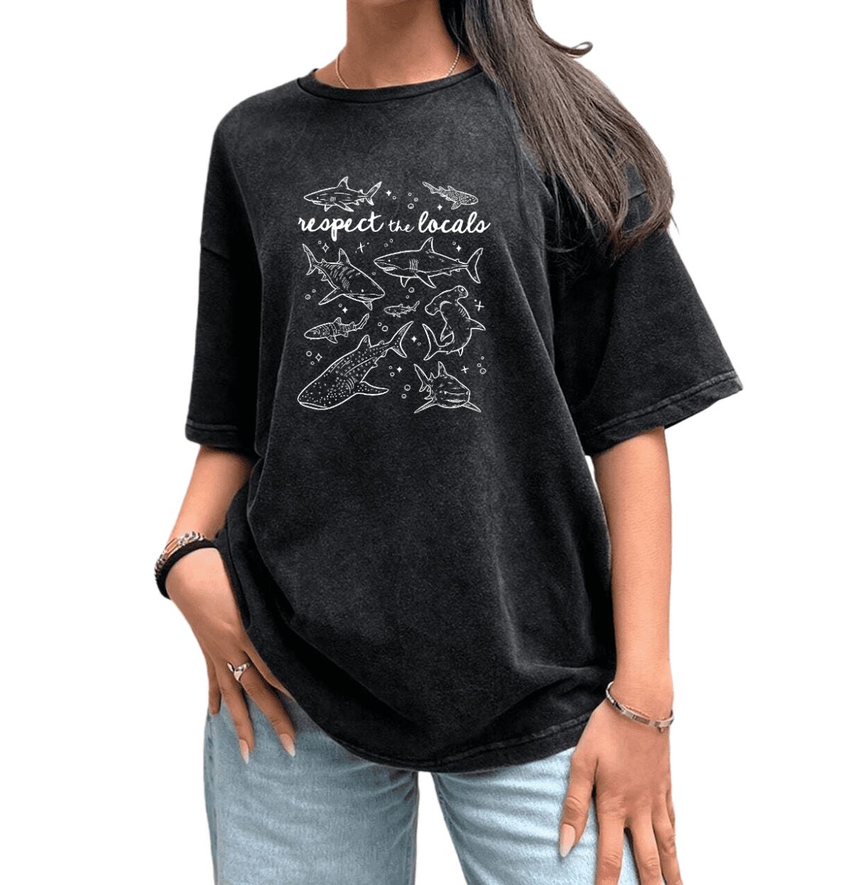 Respect The Locals Ocean Shark Graphic Tees Print Tshirt Washed Black ...