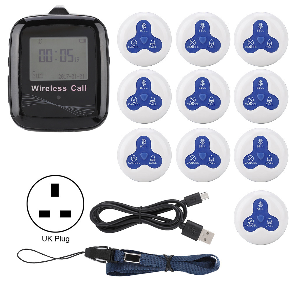 Restaurant Paging System Black Mobile Receiver + 10 White Blue Silicone ...