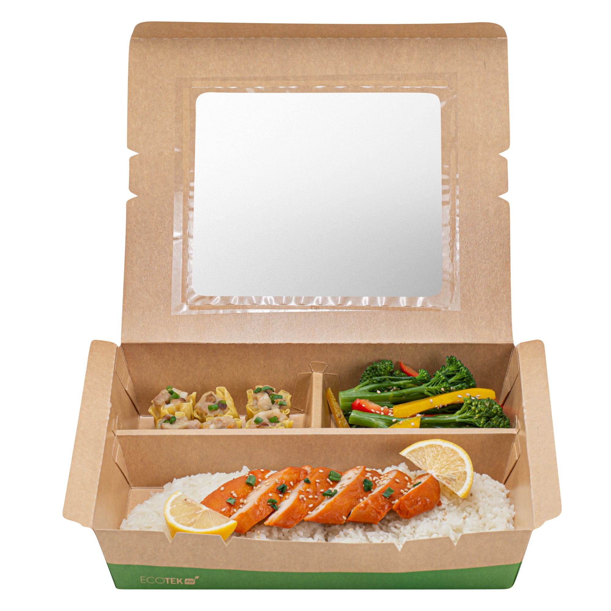Eco Tek 51 oz Kraft and Green Paper Bento Box - with PLA Window, 3 ...