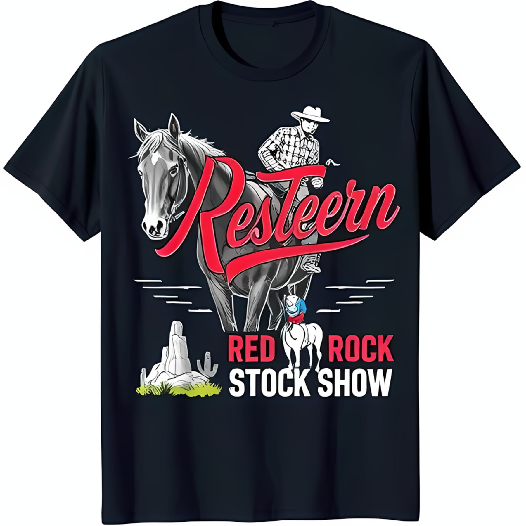 Resteern Red Rock Show Cowboy Graphic T-Shirt Dark Blue Tee with Horse ...