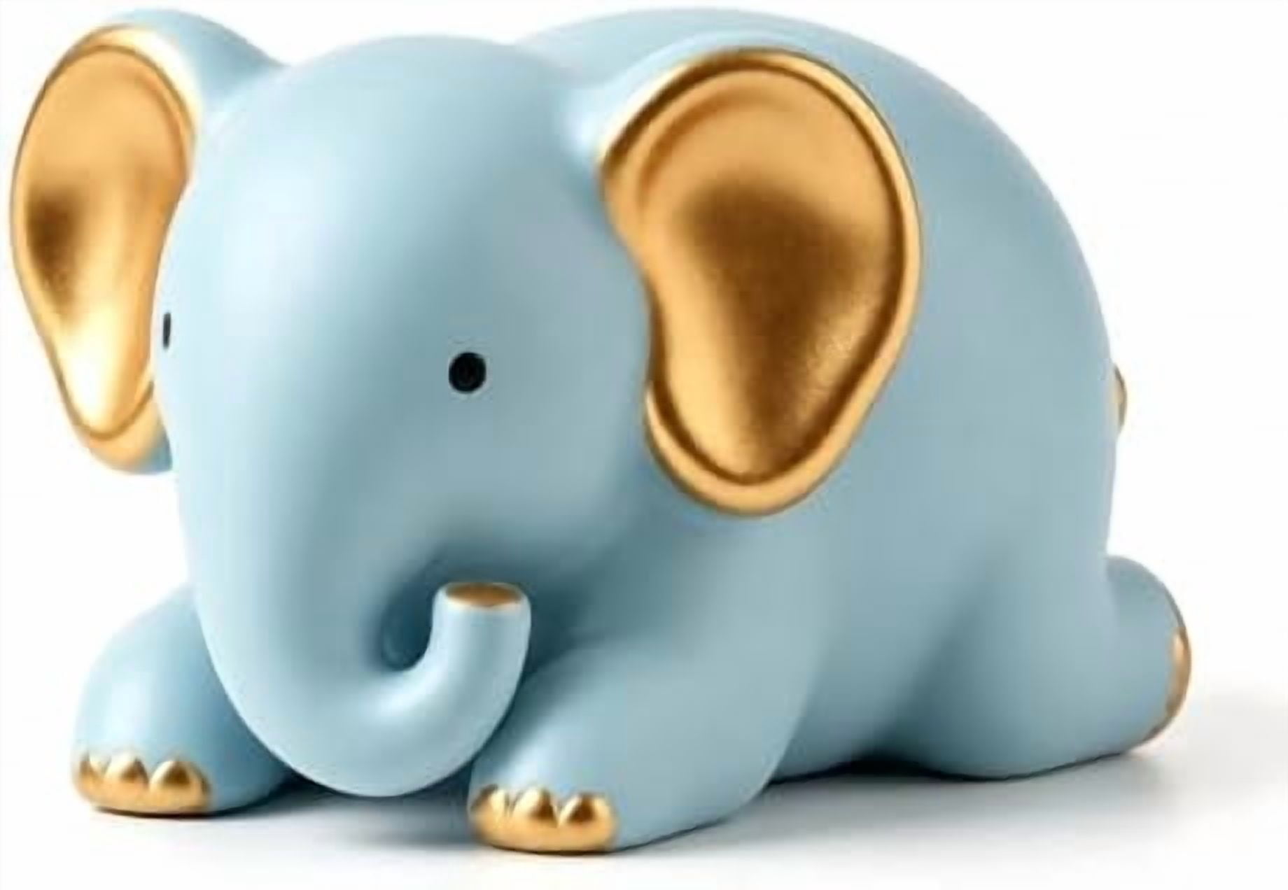 Resting Ceramic Elephant Figurine Decor, Soft Blue Gold Animal Statue ...