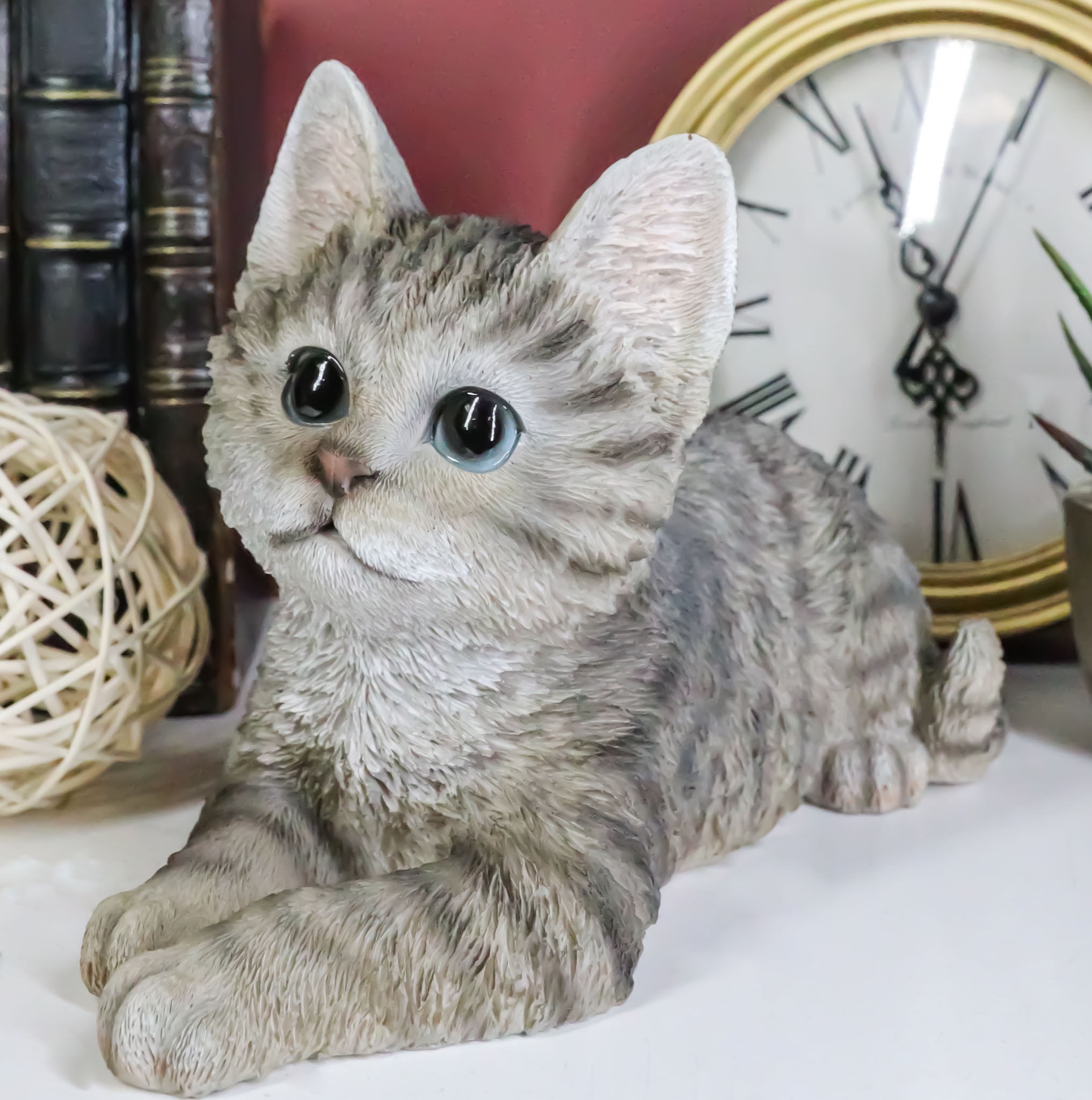 Resting Feline Gray Tabby Cat Kitten Figurine With Realistic Glass Eyes ...