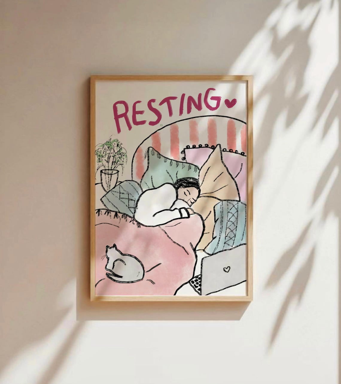 Resting Sketch Art Print, Girl Sleeping In Bed Colorful Illustration ...