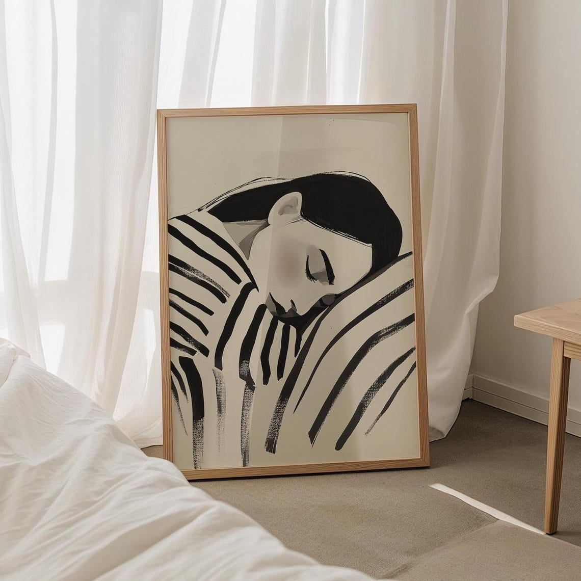 Resting Woman In Stripes, Abstract Wall Art, Black & White Print Woman ...