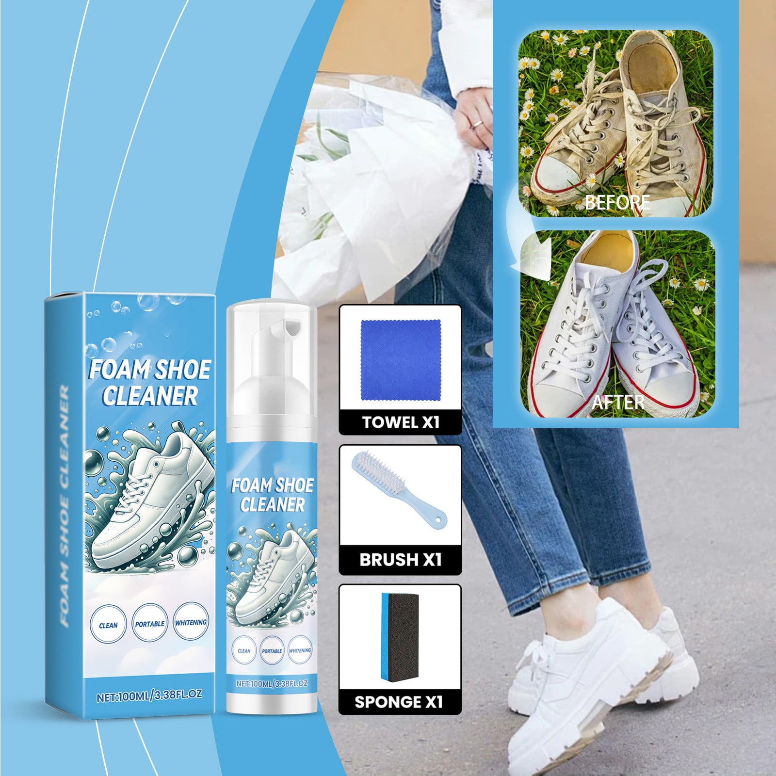 Restocked Now, White Shoe Cleaner, 100ml Foam Cleaning Agent, No-rinse ...