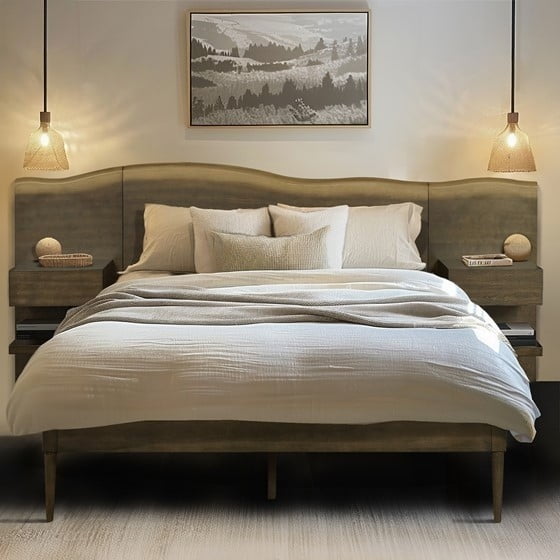 Restonic Queen Bed Frame with Live-Edge Headboard & Nightstands ...