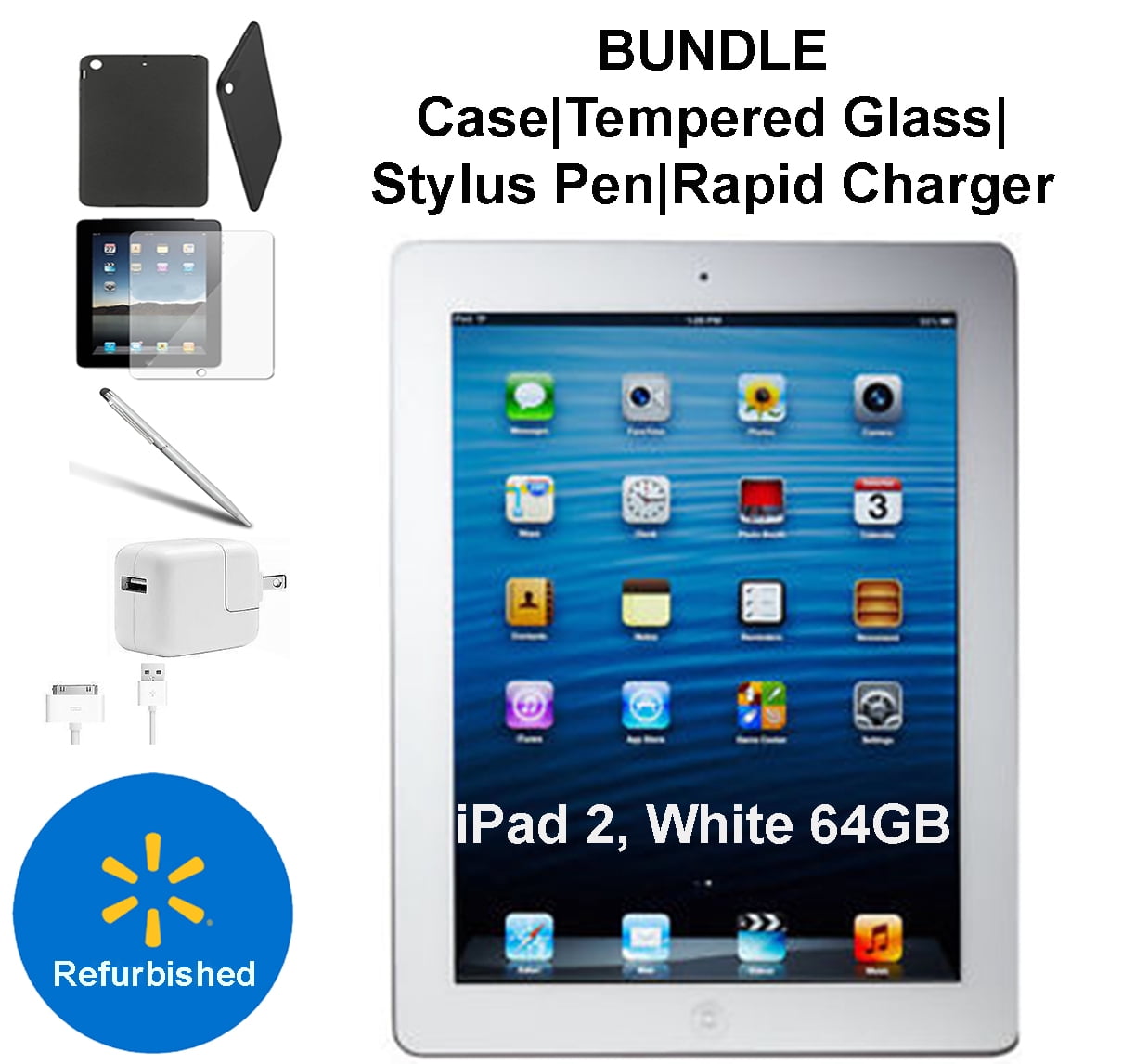 Restored Apple iPad 2 64GB White - WiFi - Bundle - Case, Rapid Charger, Pre-Installed Tempered ...