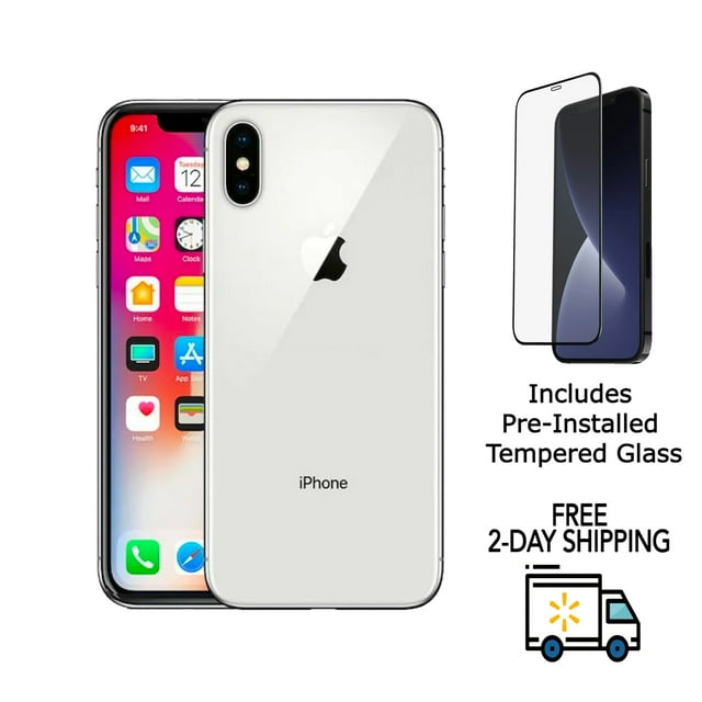 Restored Apple iPhone X A1865 (Fully Unlocked) 64GB Silver w/ Pre-Installed Tempered Glass ...