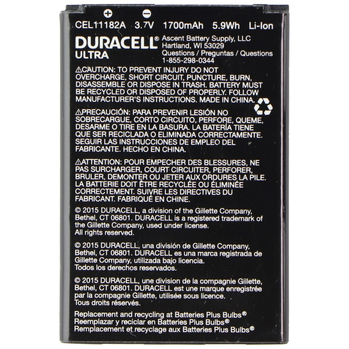 Restored Duracell Ultra CEL11182A (3.7V/1700mAh/5.9Wh) Li-Ion Battery ...