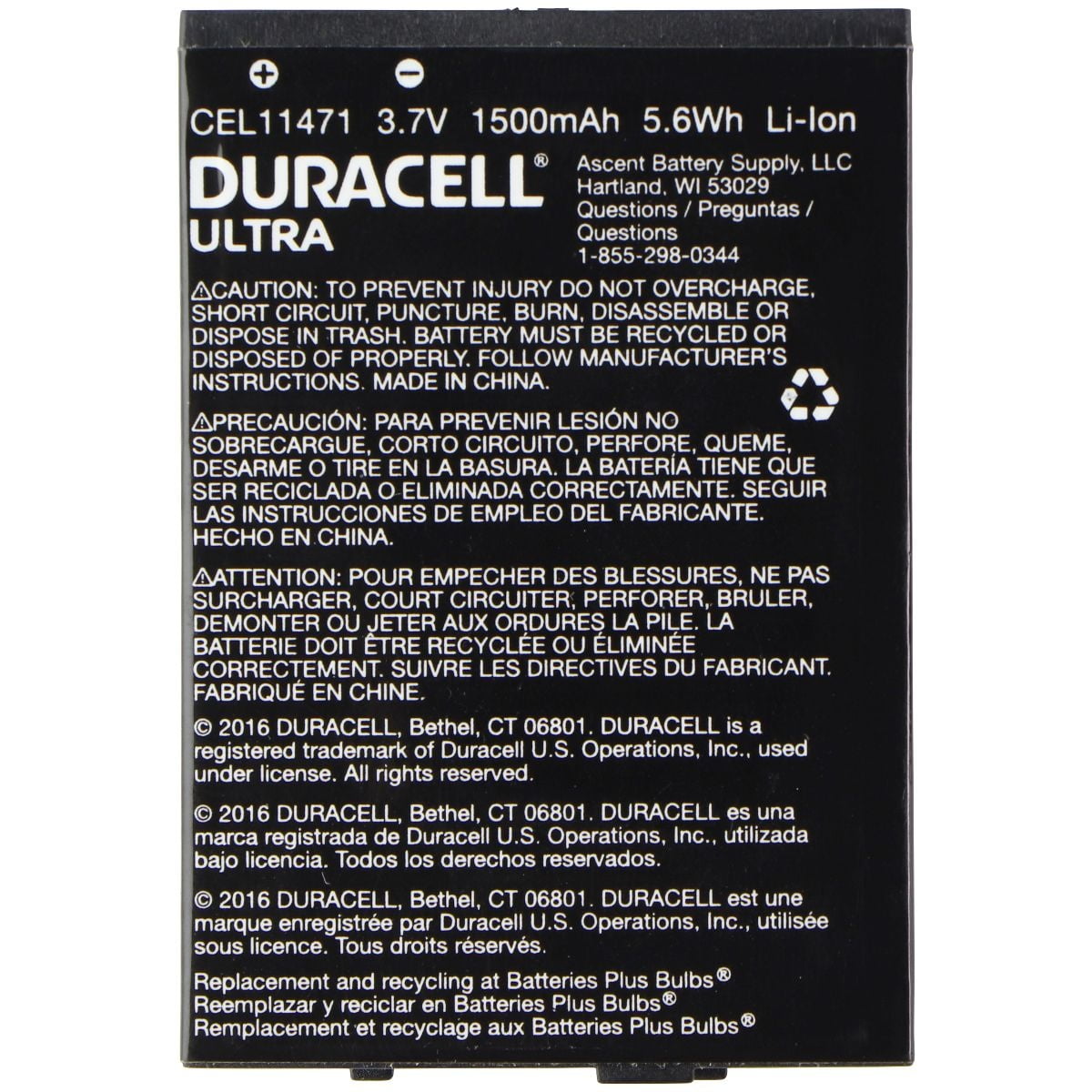 Restored Duracell Ultra CEL11471 (3.7V/1500mAh/5.6Wh) Li-Ion Battery ...