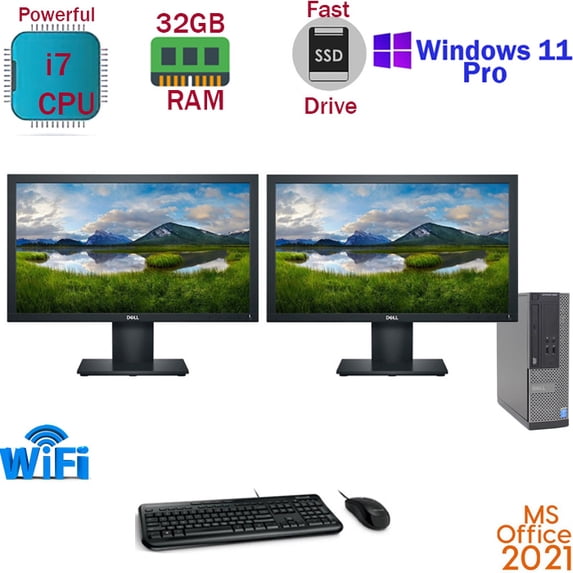 Restored Windows 11 Dell i7 3.4 ghz 32GB RAM 1TB SSD DUAL 22" LCD WiFi ...