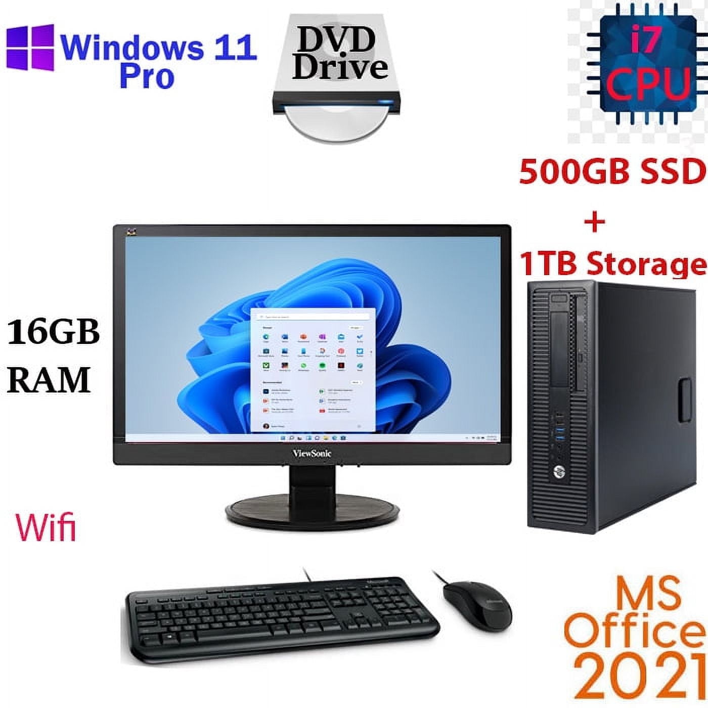 Restored Windows 11 HP i7 3.4 ghz 500GB SSD + 1TB HDD 16GB 23" LCD WiFi ...
