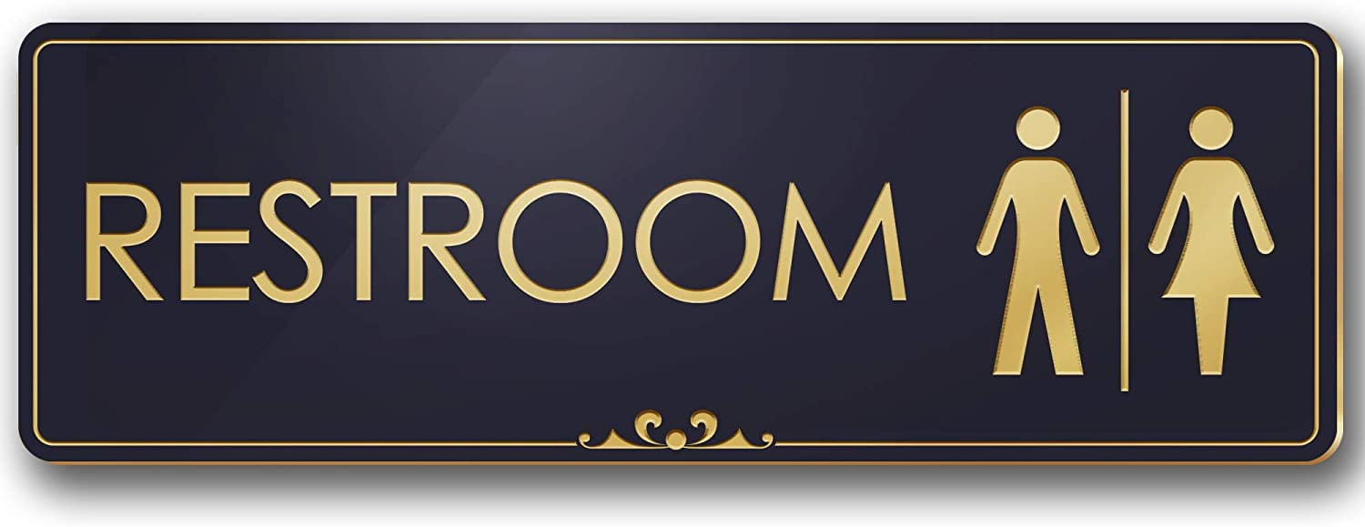 Restroom Sign, Black/Gold, Engraved, 3" x 9", Fade Resistance, Indoor ...