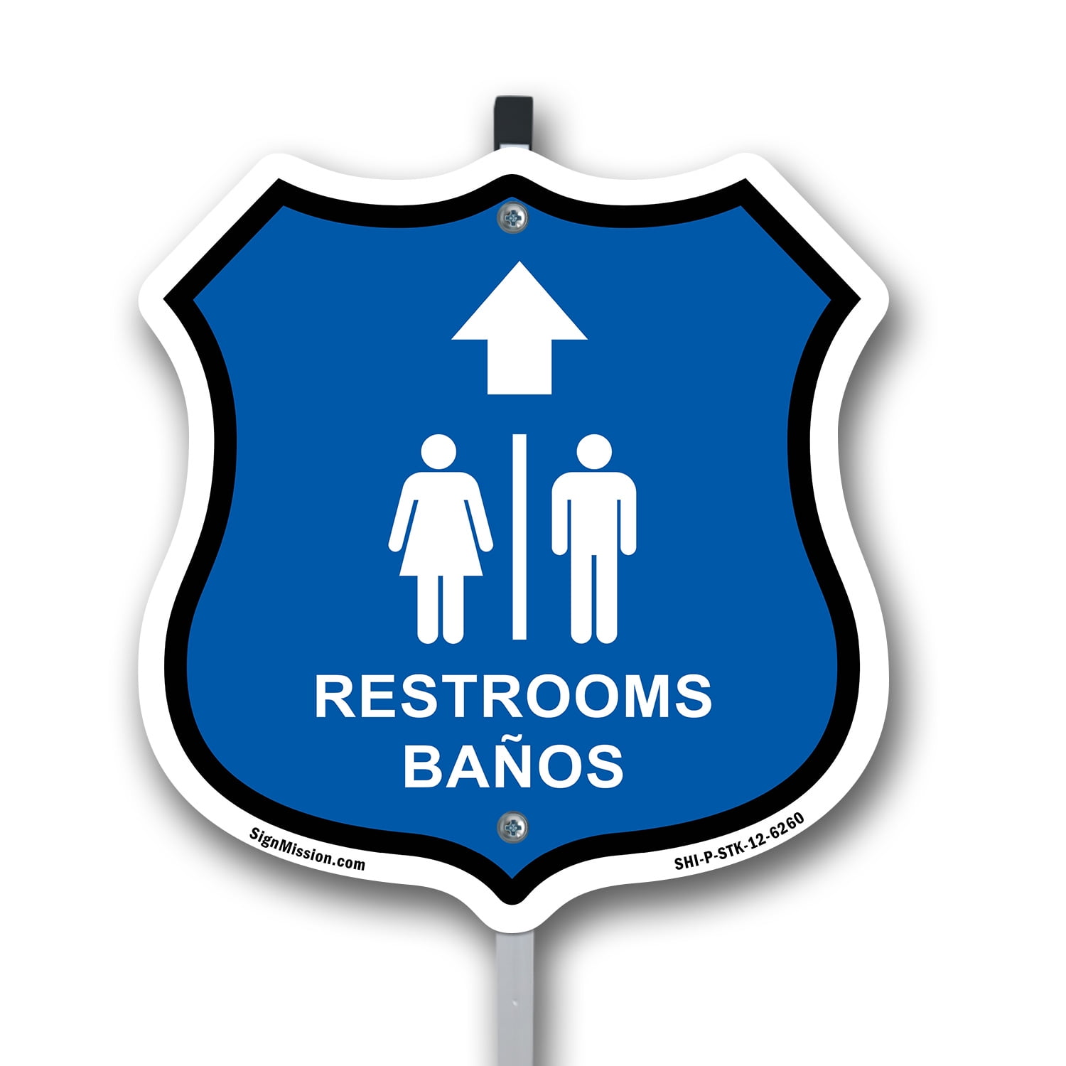 Restrooms Baños Up Arrow Bilingual English / Spanish 12 inch X 12 inch ...