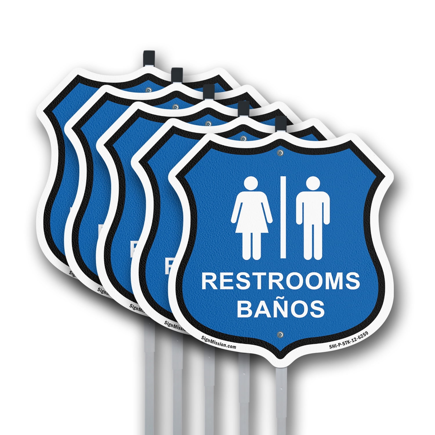 Restrooms Baños Bilingual English / Spanish (5 Pack) 12 inch X 12 inch ...