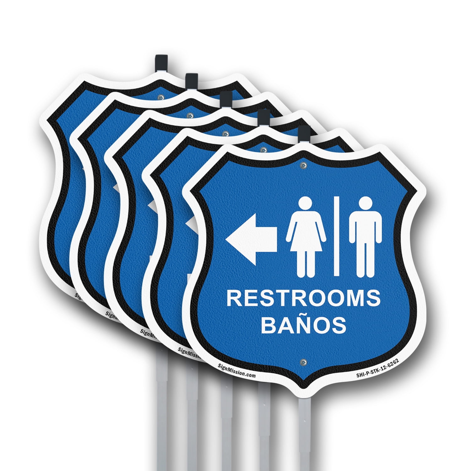 Restrooms Baños Left Arrow Bilingual English / Spanish (5 Pack) 12 inch ...