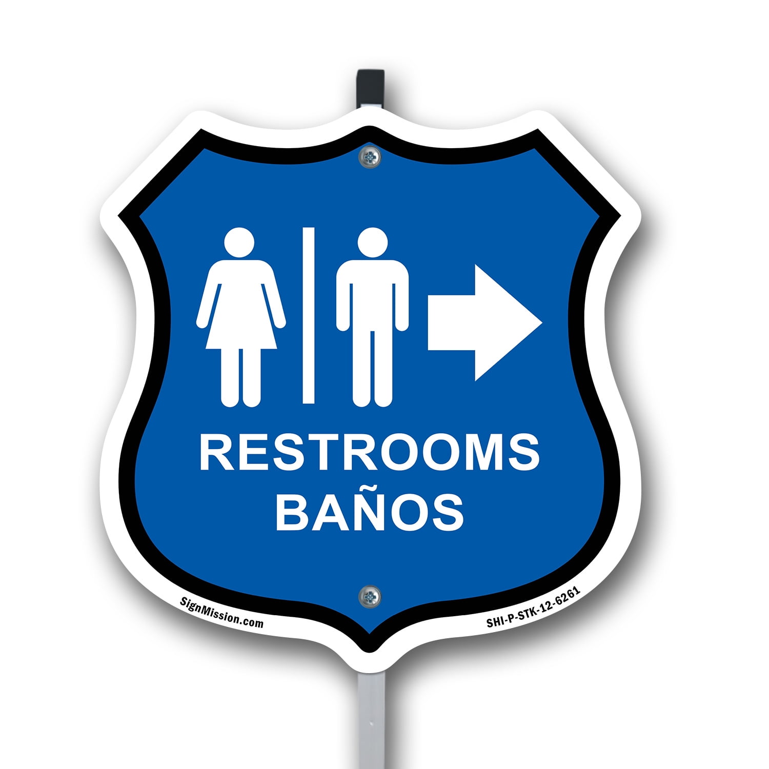 Restrooms Baños Right Arrow Bilingual English / Spanish 12 inch X 12 ...