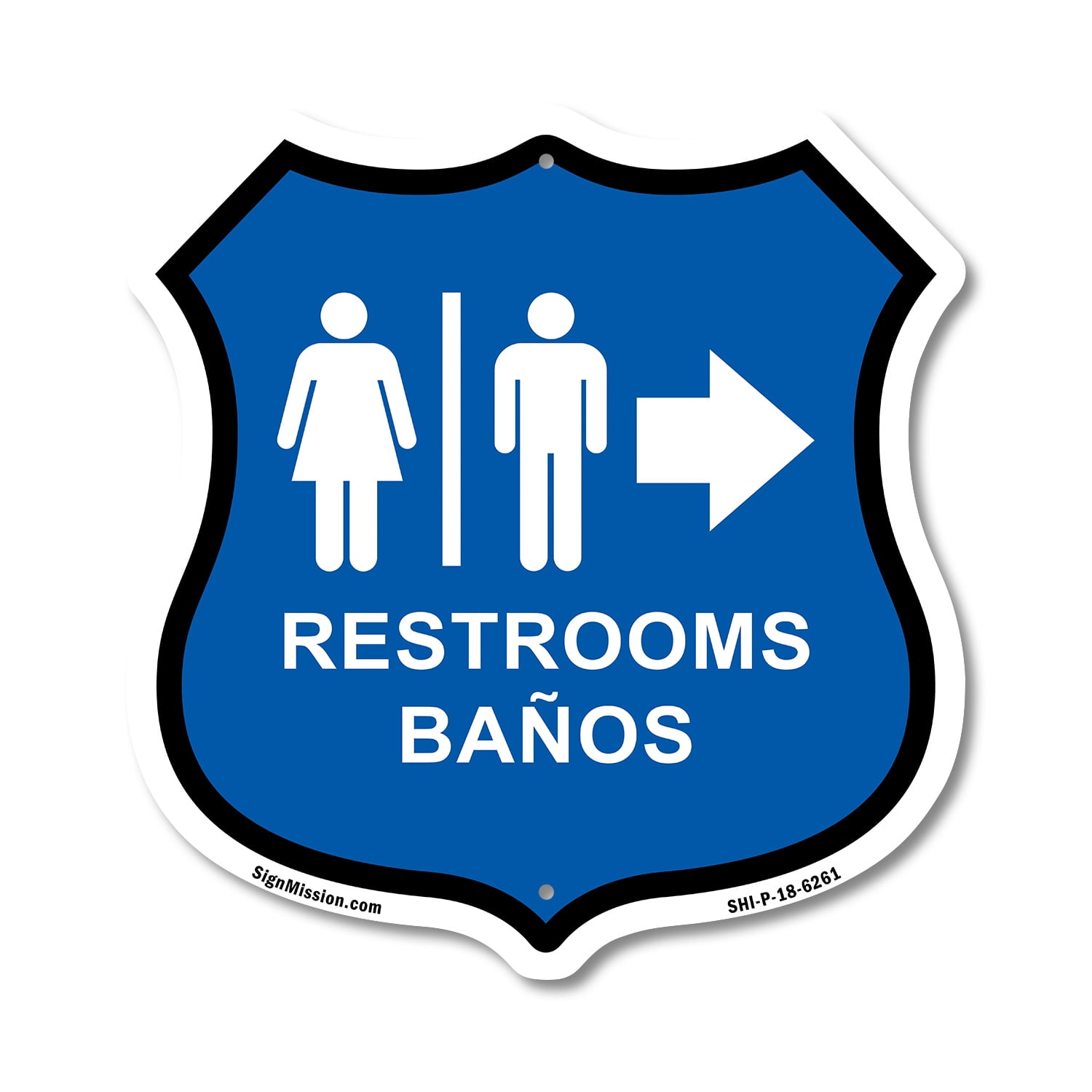 Restrooms Baños Right Arrow Bilingual English / Spanish 12 inch X 12 ...