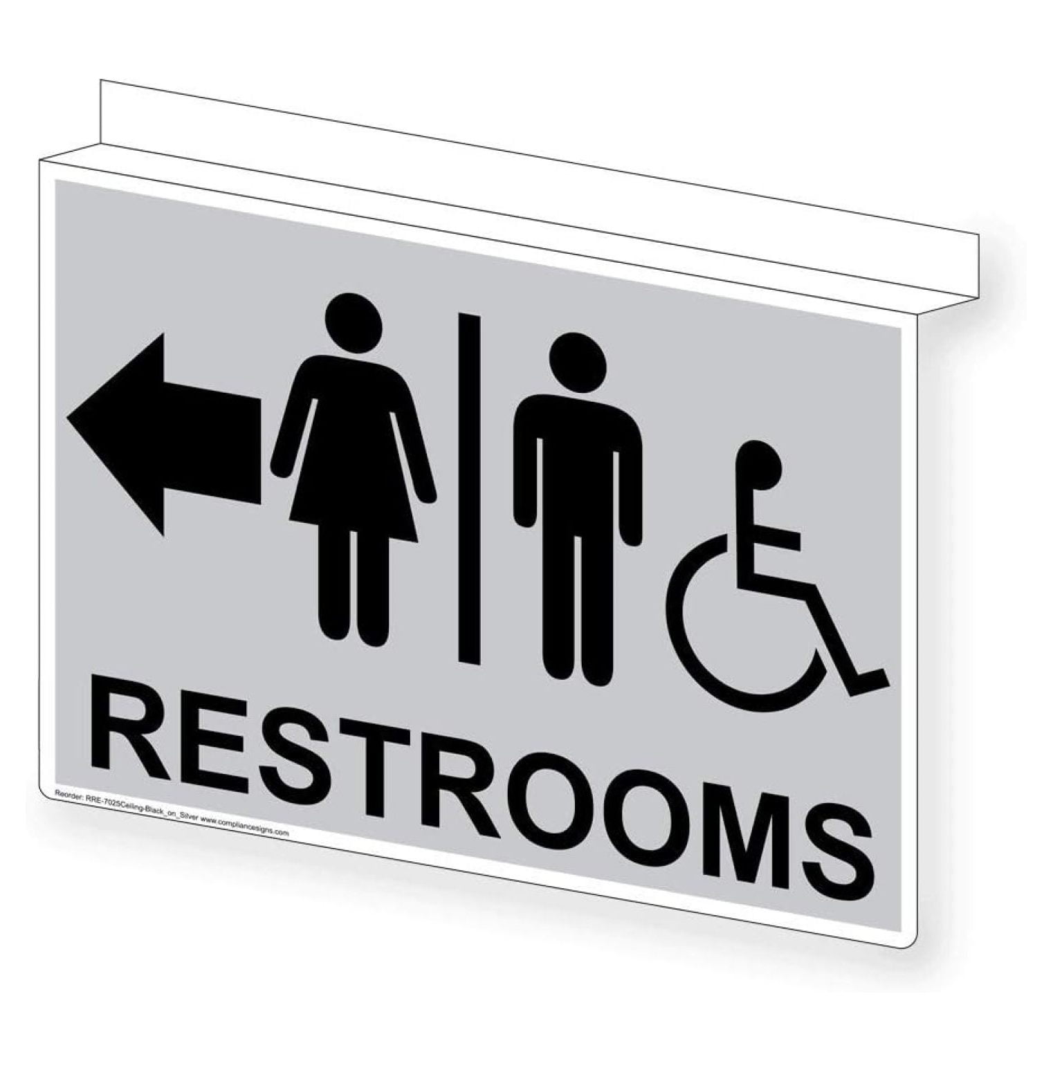 Restrooms Ceiling Sign, Projection-Mount 14x10 inch Silver Aluminum for ...