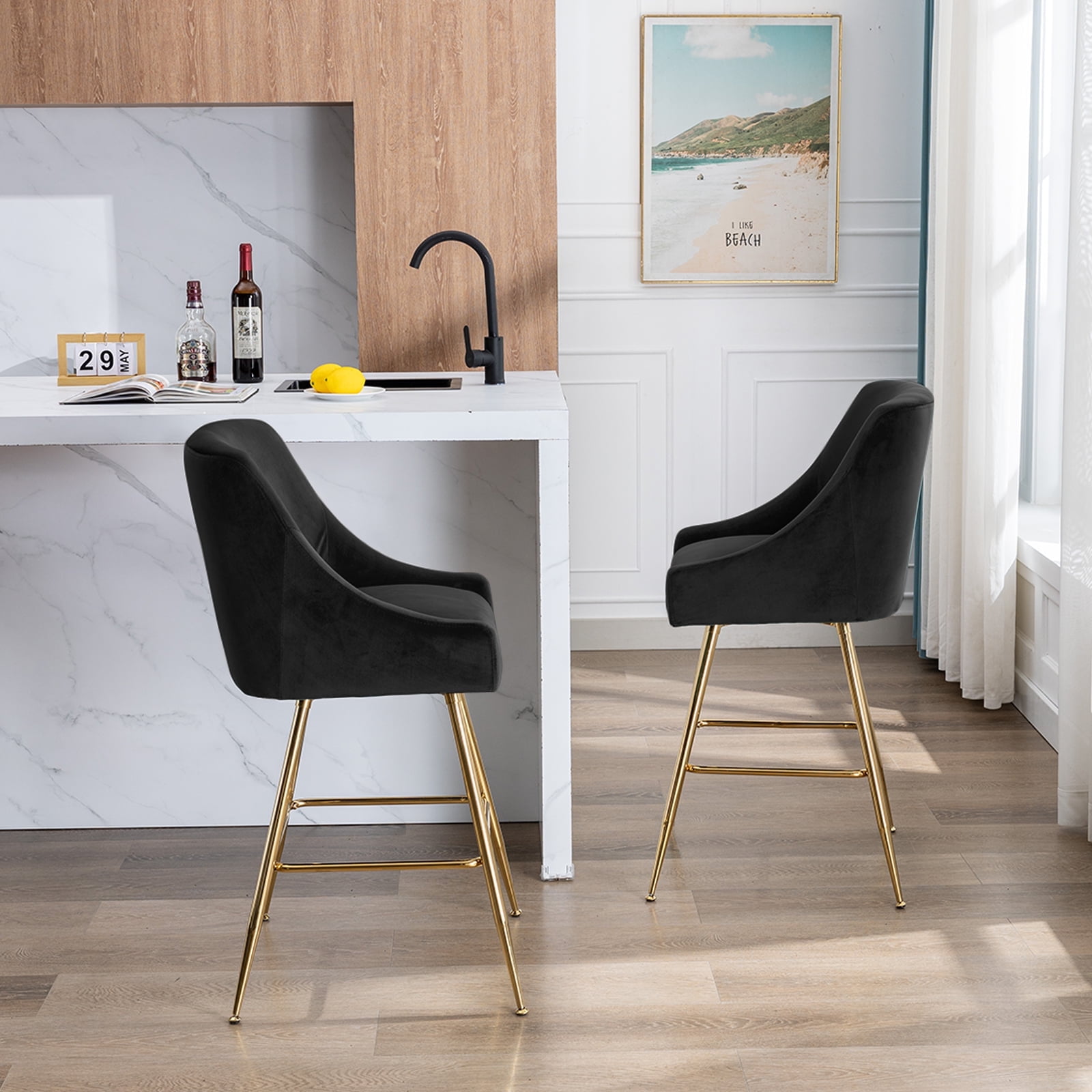 Restworld Bar Stools Set of 2, Back and Armrest,Velvet Modern Bar ...