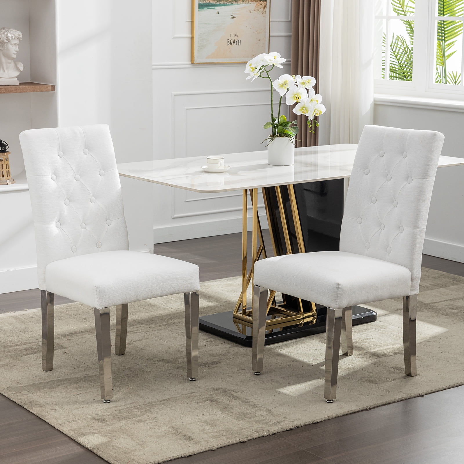 Restworld Dining Nook Chair, Tufted Upholstered High Back Velvet Dining Chair, Set of 2,Beige ...