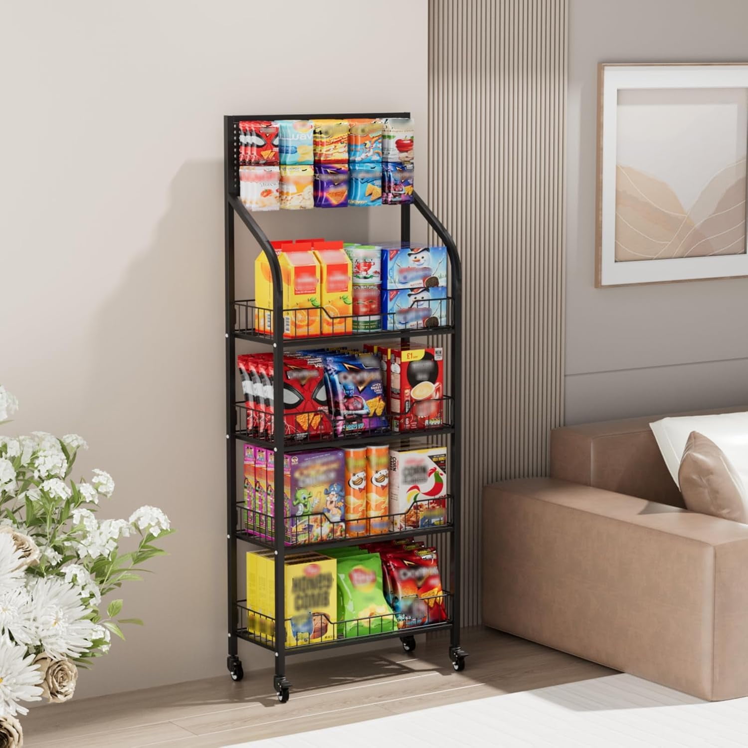 Retail Candy Display Rack, Black Metal Display Snacks Rack with Wheels ...