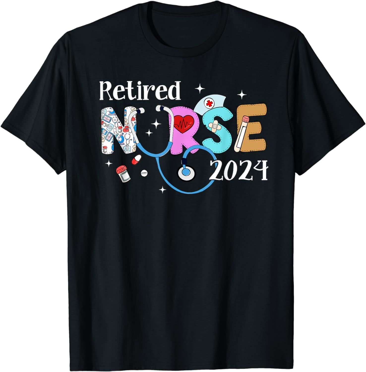 Retired Nurse 2024 Stethoscope Nursing Retirement Scrub Top T-Shirt ...