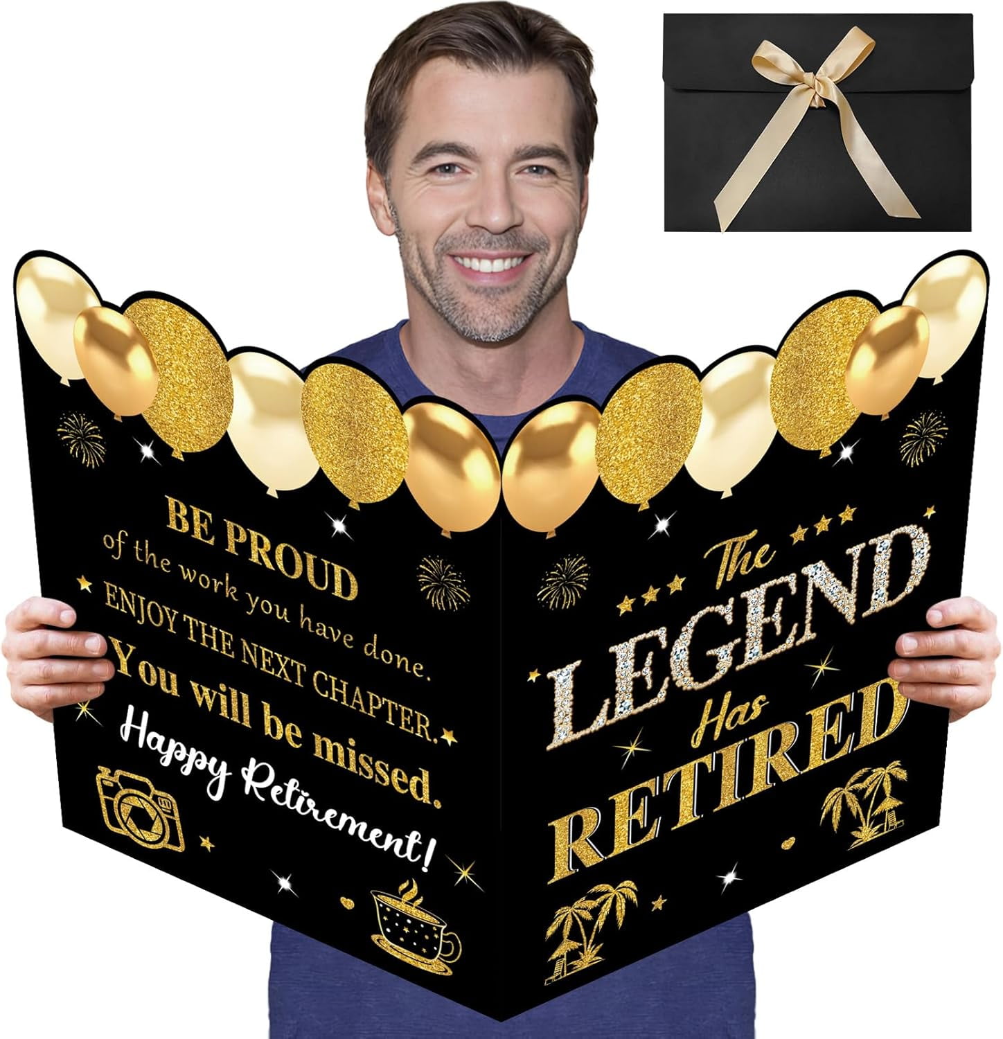 Retirement Card for Man Woman, Black Gold Large Retirement Card for ...