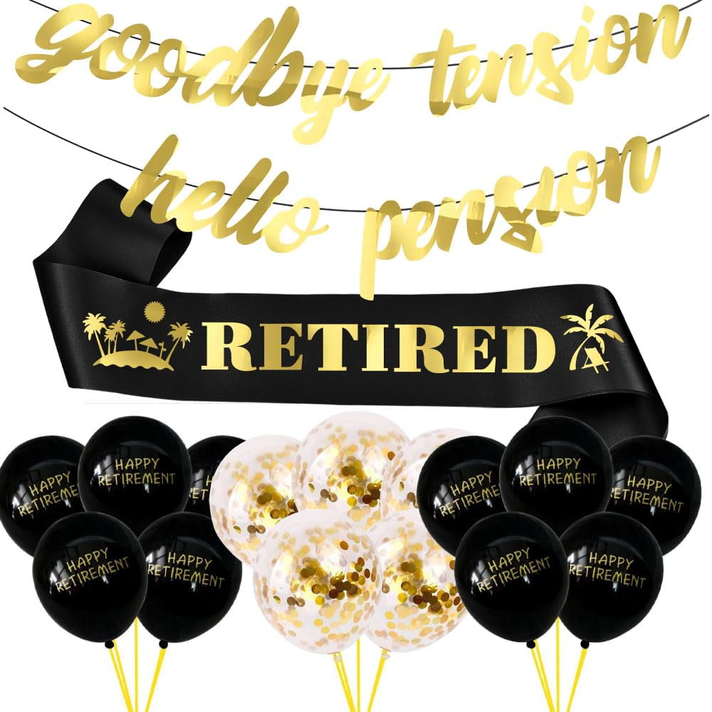 Retirement Decorations Set Retired DU20 Sash Banner Balloons Black Gold ...