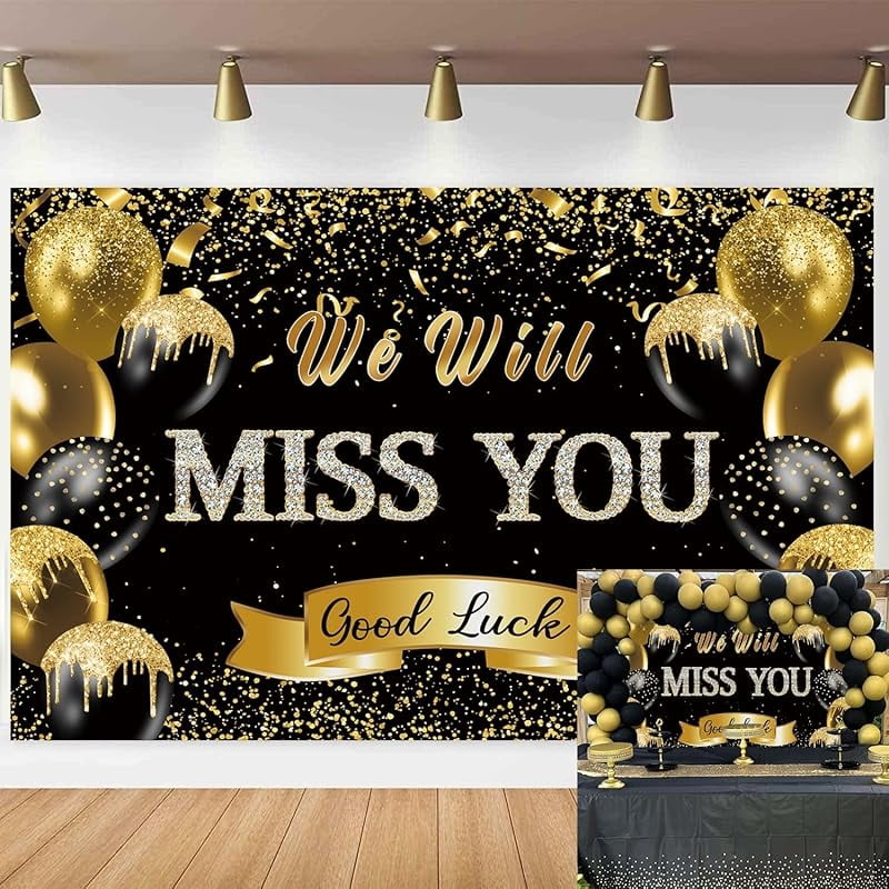Retirement Farewell Party Backdrop We Will Miss You Black Gold Glitter ...