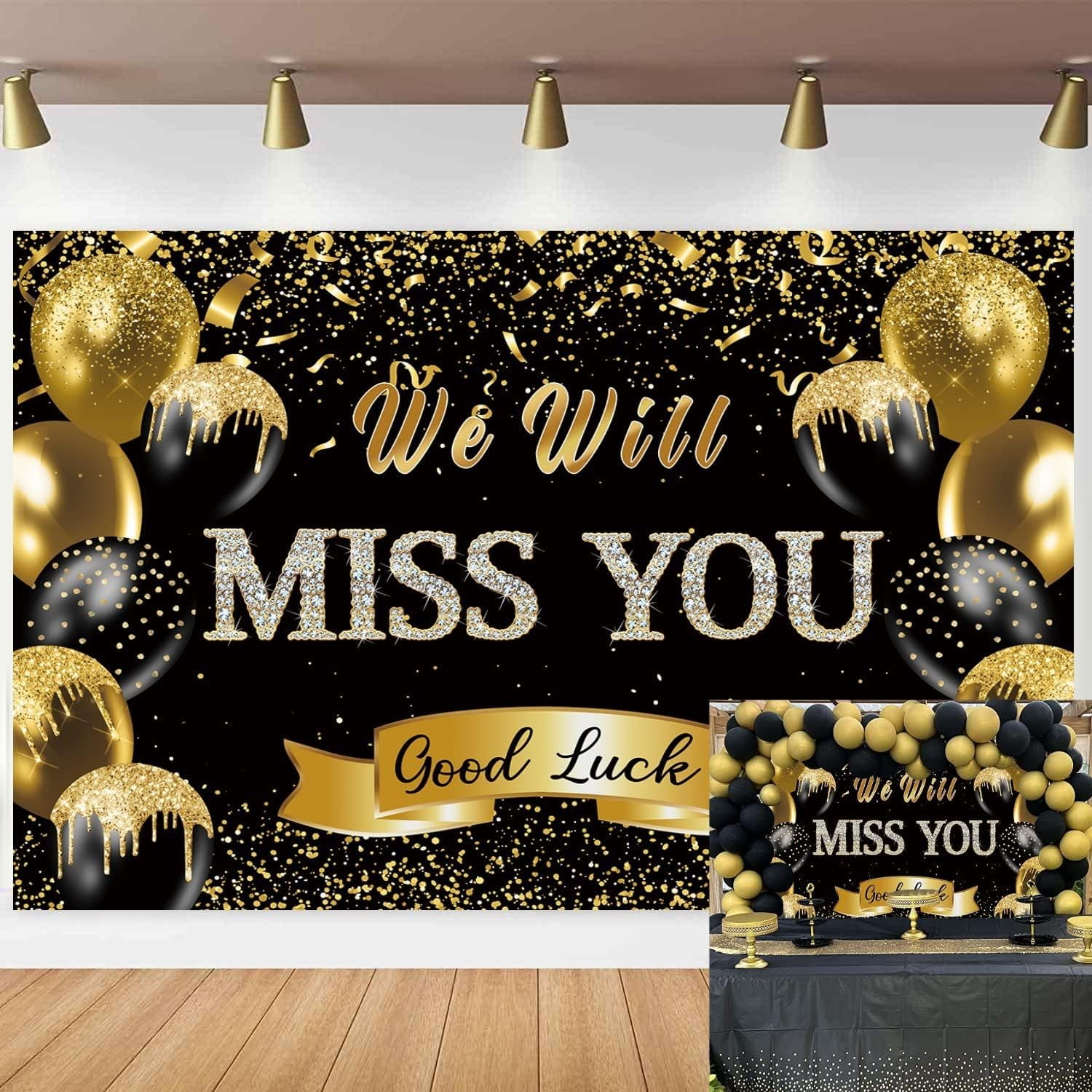 Retirement Farewell Party Backdrop We Will Miss You Black Gold Balloon ...