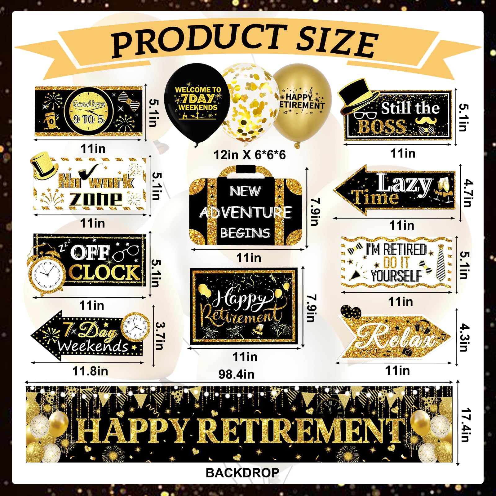 Retirement Party Decorations, AJH3 Black Gold Happy Retirement Banner Sign Directional Retired ...
