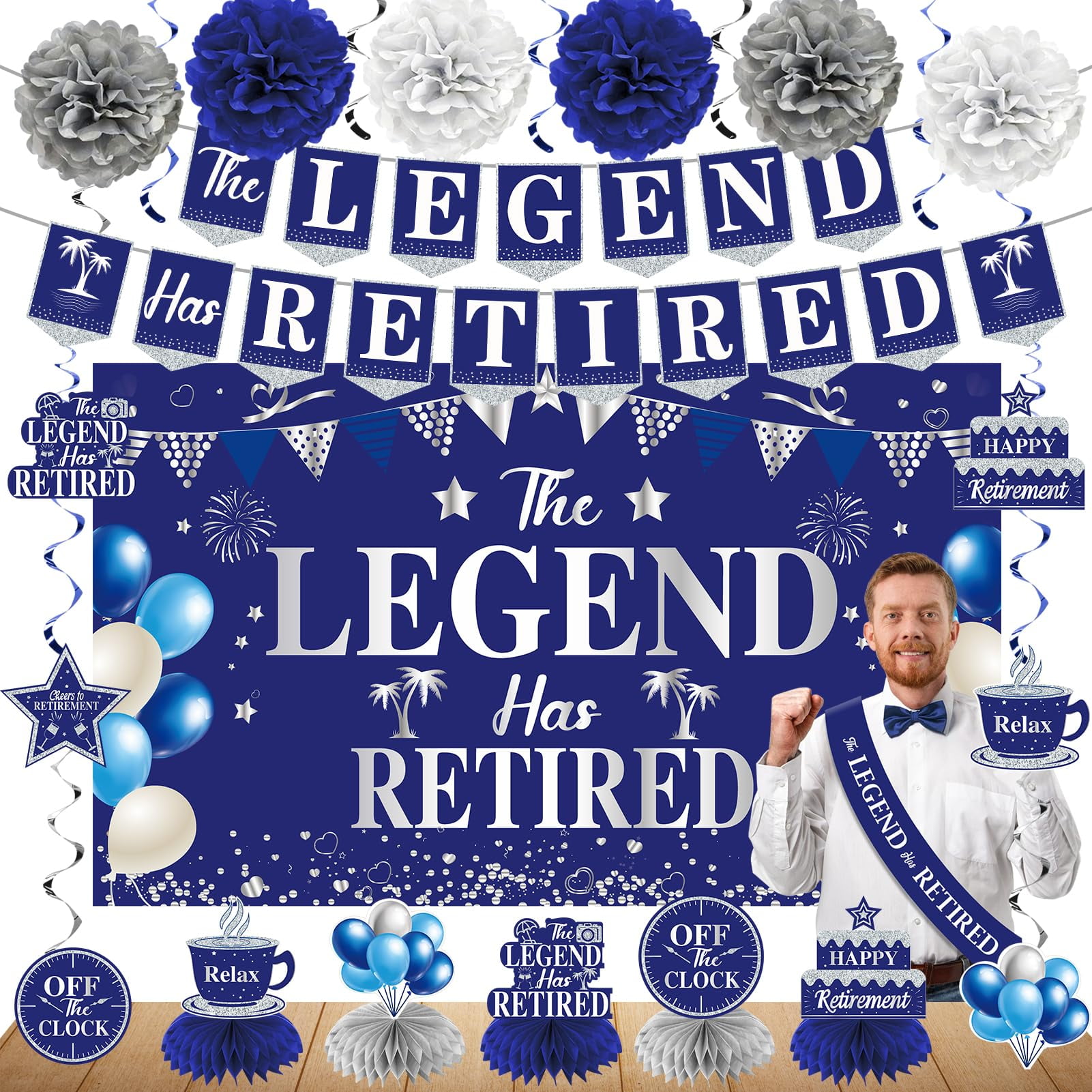 Retirement Party Decorations AJH3 Blue Silver Retirement Decorations for Happy Retirement Party ...