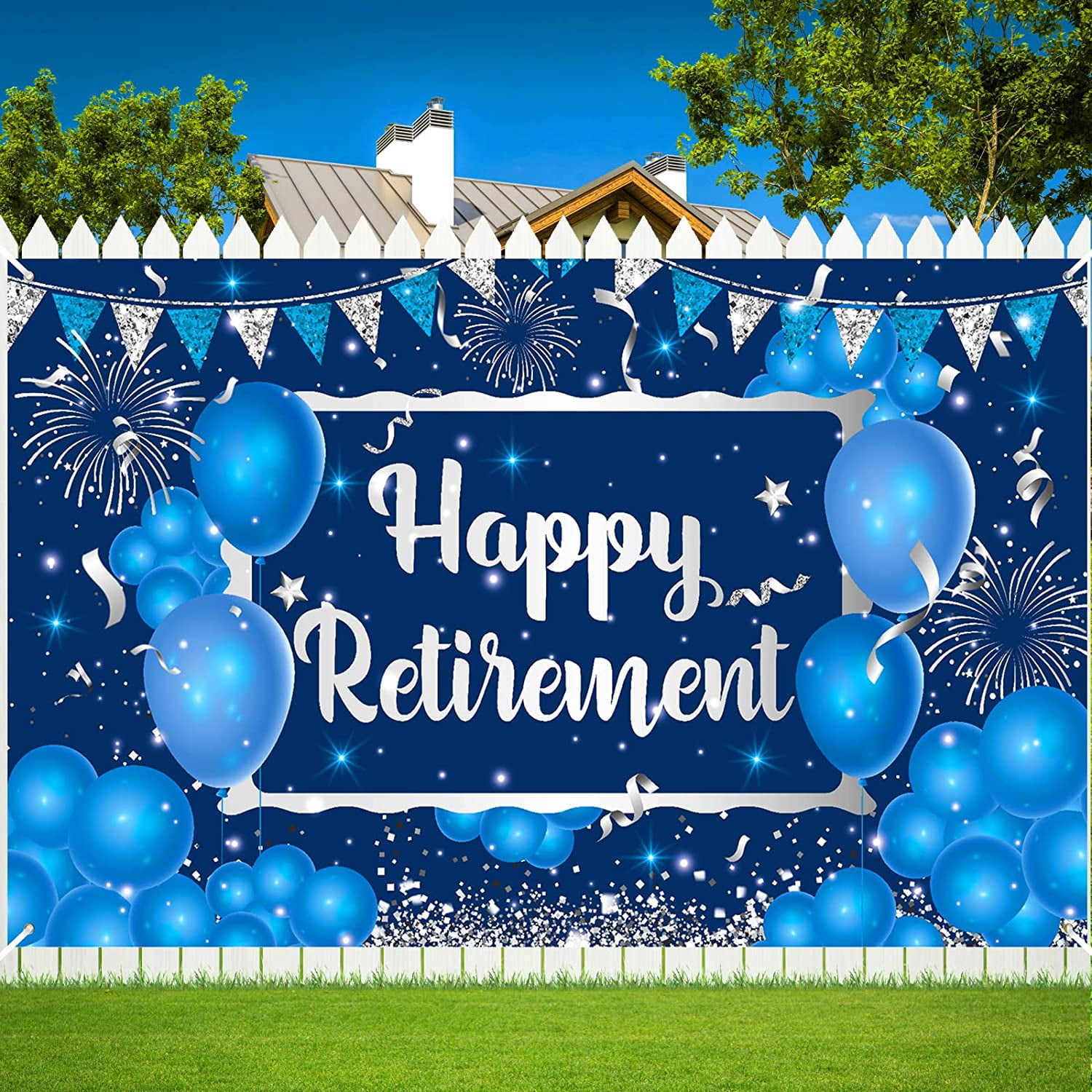 Retirement Party Decorations Banner for Men, Navy Blue Silver Happy ...