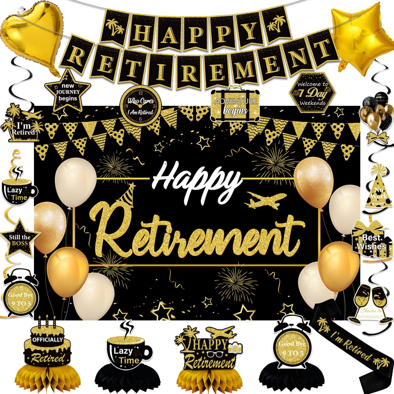 Retirement Party Decorations, Black Gold Happy Retirement Decorations ...
