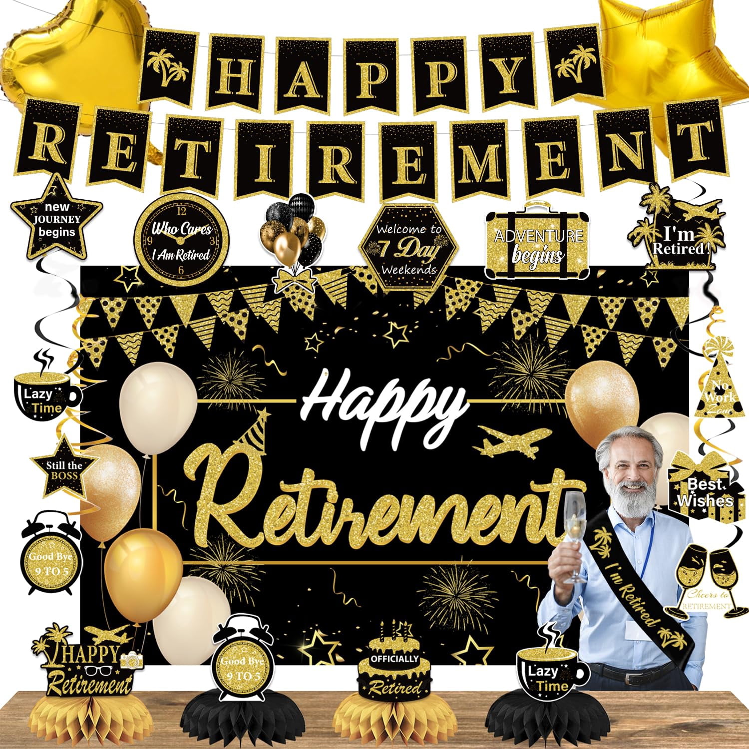 Retirement Party Decorations, Black Gold Happy Retirement Decorations ...