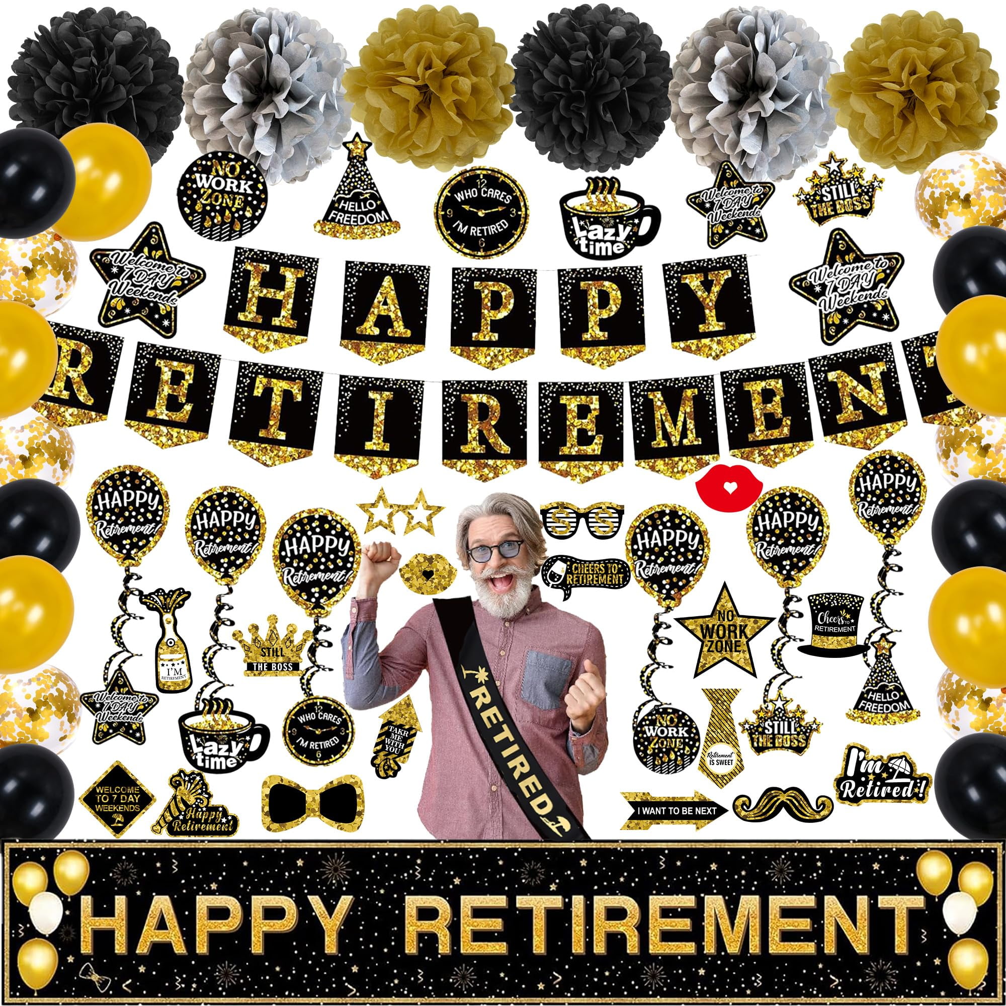 Retirement Party Decorations,Black and STF9 Gold Retirement Decorations ...