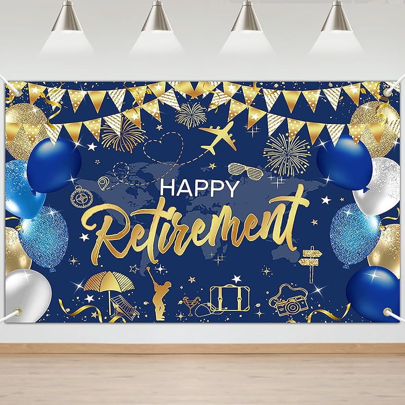 Retirement Party Decorations Blue and Gold Happy Retirement Banner ...