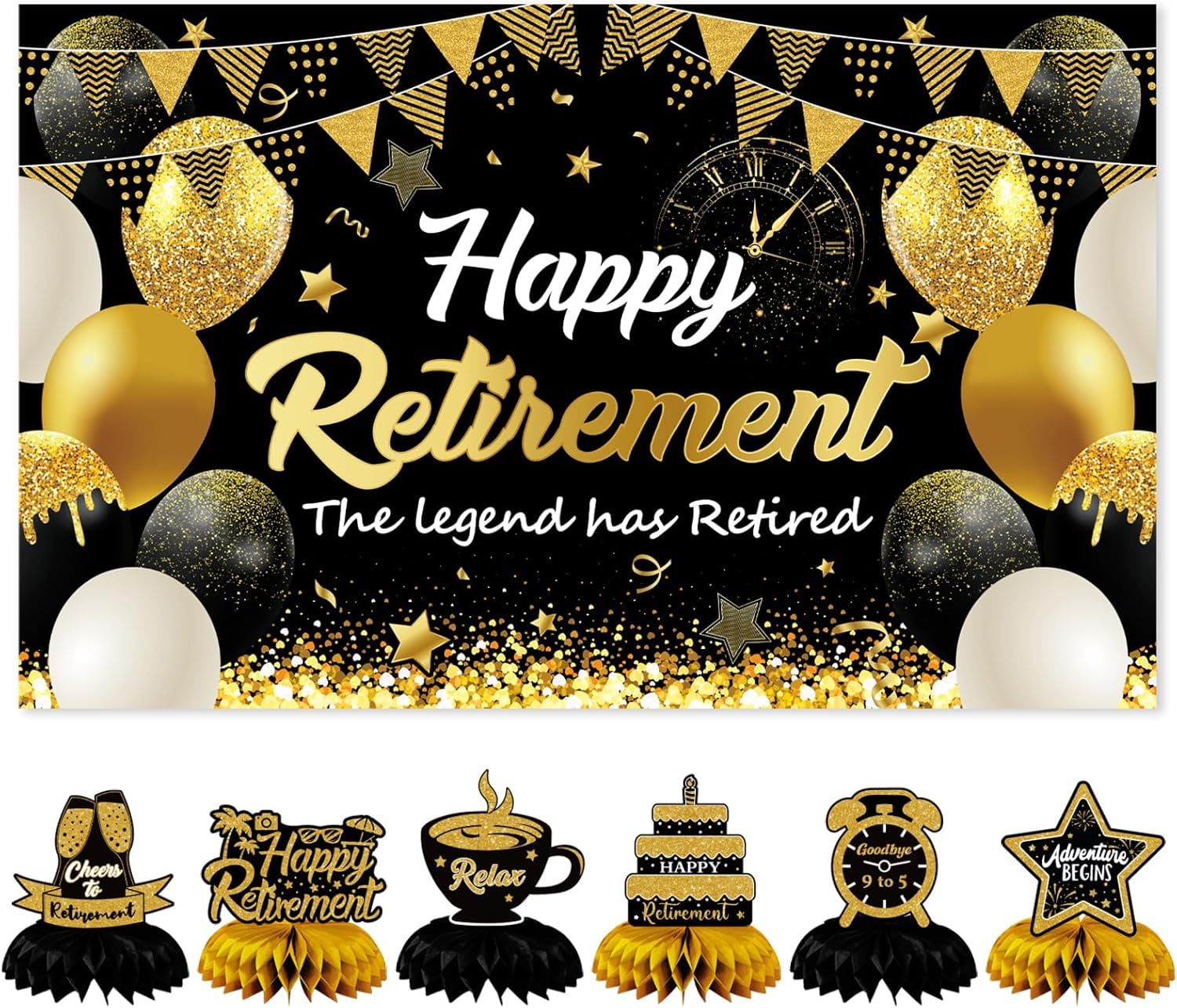 Retirement Party Decorations Kit for Men Women, Black Gold Happy ...