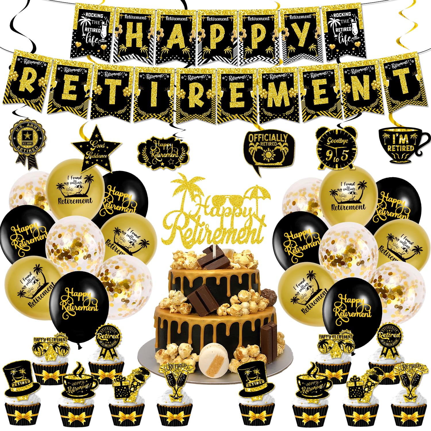 Retirement Party Decorations for Men Women, Black and Gold Happy ...