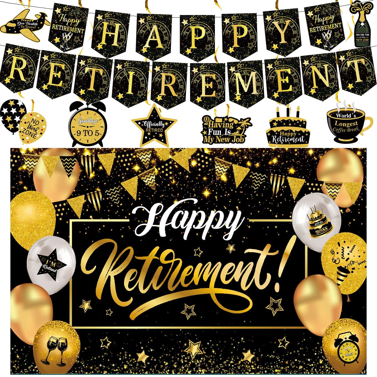 Retirement Party Decorations For Women Men, Black And Gold Happy ...